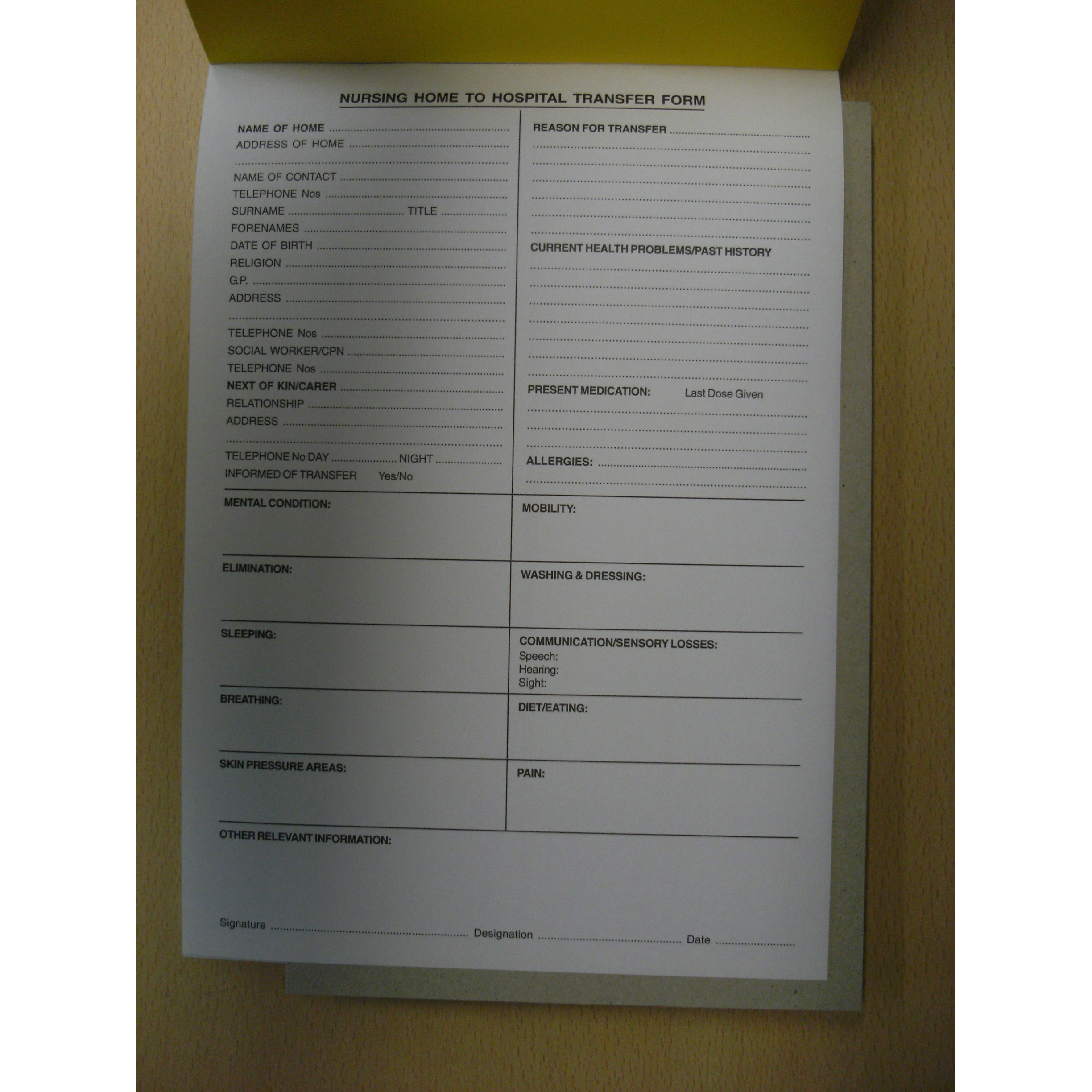 A4 Hospital Transfer Form | CLH Healthcare
